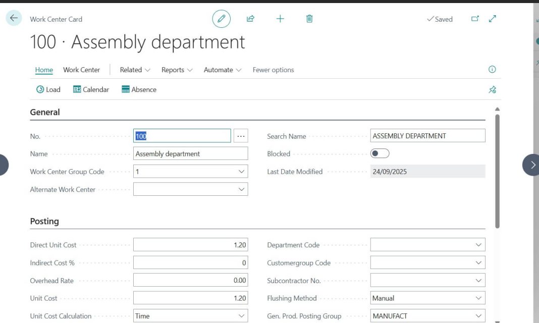 How to Set Up a Work Center in Business Central
