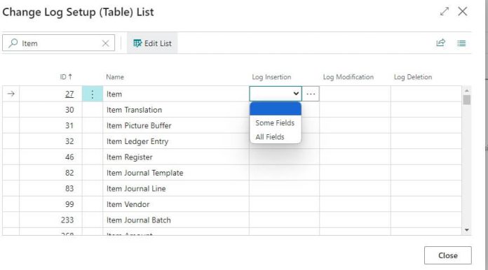Change Log Setup and Change Log Entries in Business Central