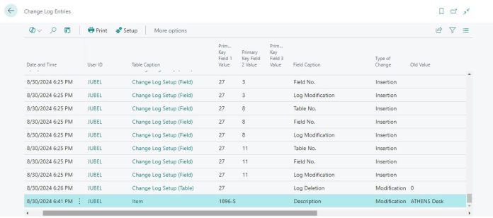 Change Log Setup and Change Log Entries in Business Central