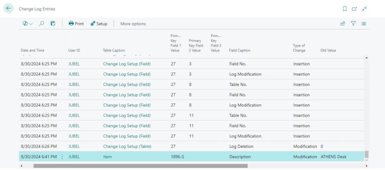 Change Log Setup and Change Log Entries in Business Central