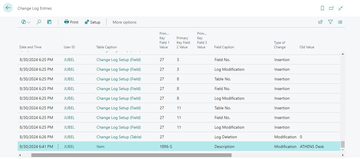 Change Log Setup and Change Log Entries in Business Central