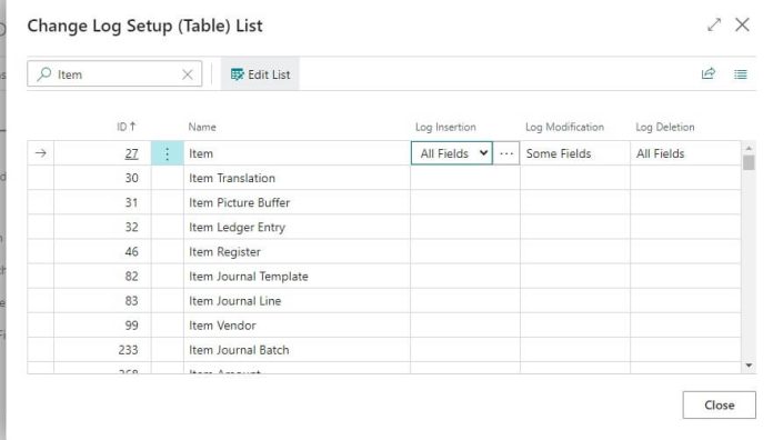 Change Log Setup and Change Log Entries in Business Central