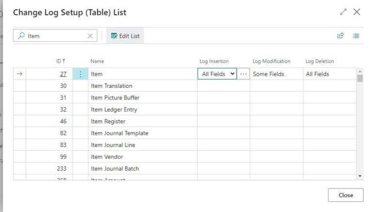 Change Log Setup and Change Log Entries in Business Central