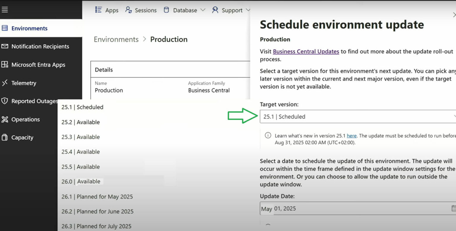 Admin Center : Business Central Easy Selected Version Update Option
