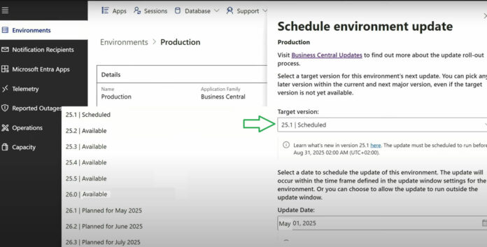 Admin Center : Business Central Easy Selected Version Update Option