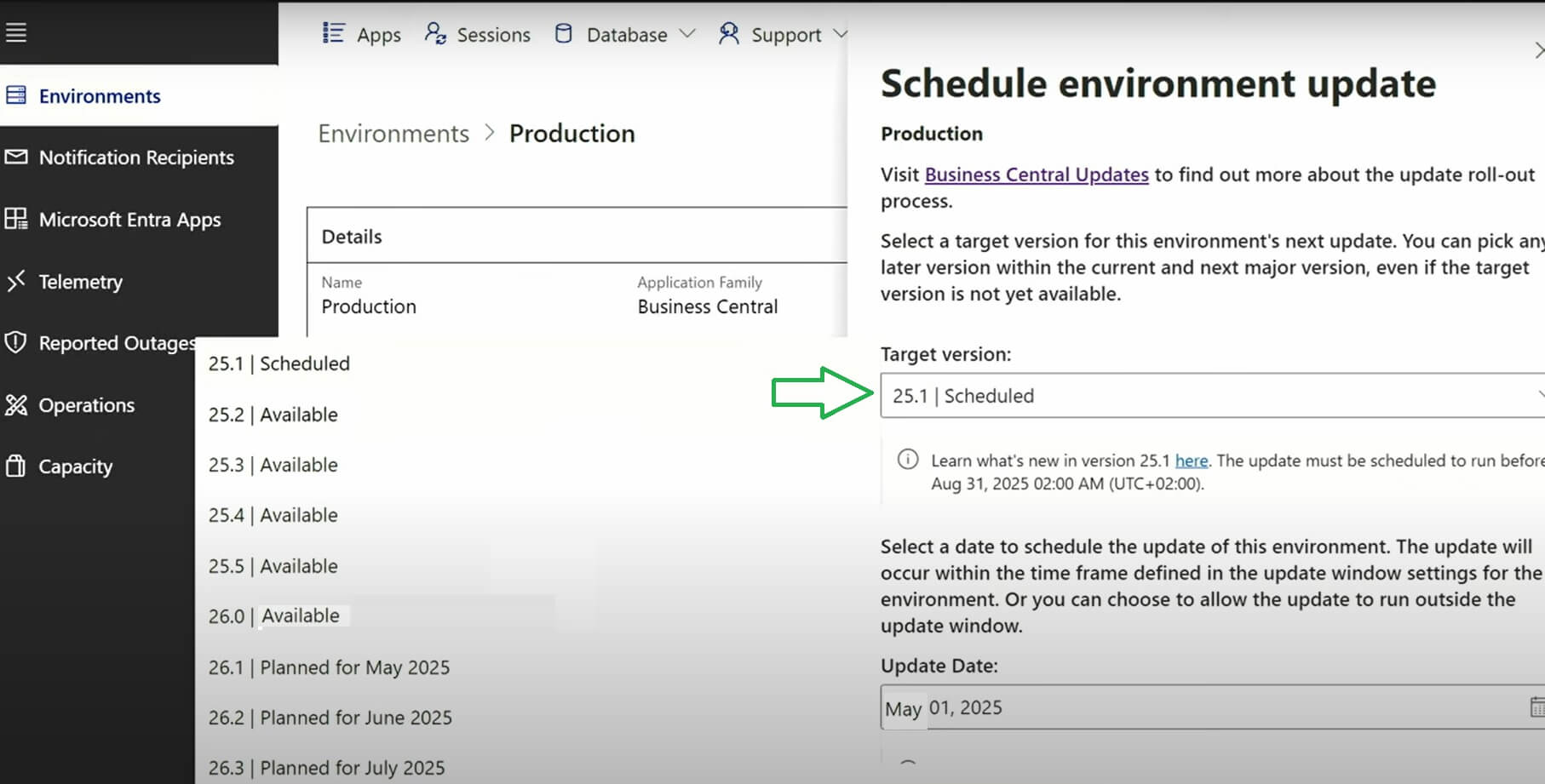 Admin Center : Business Central Easy Selected Version Update Option