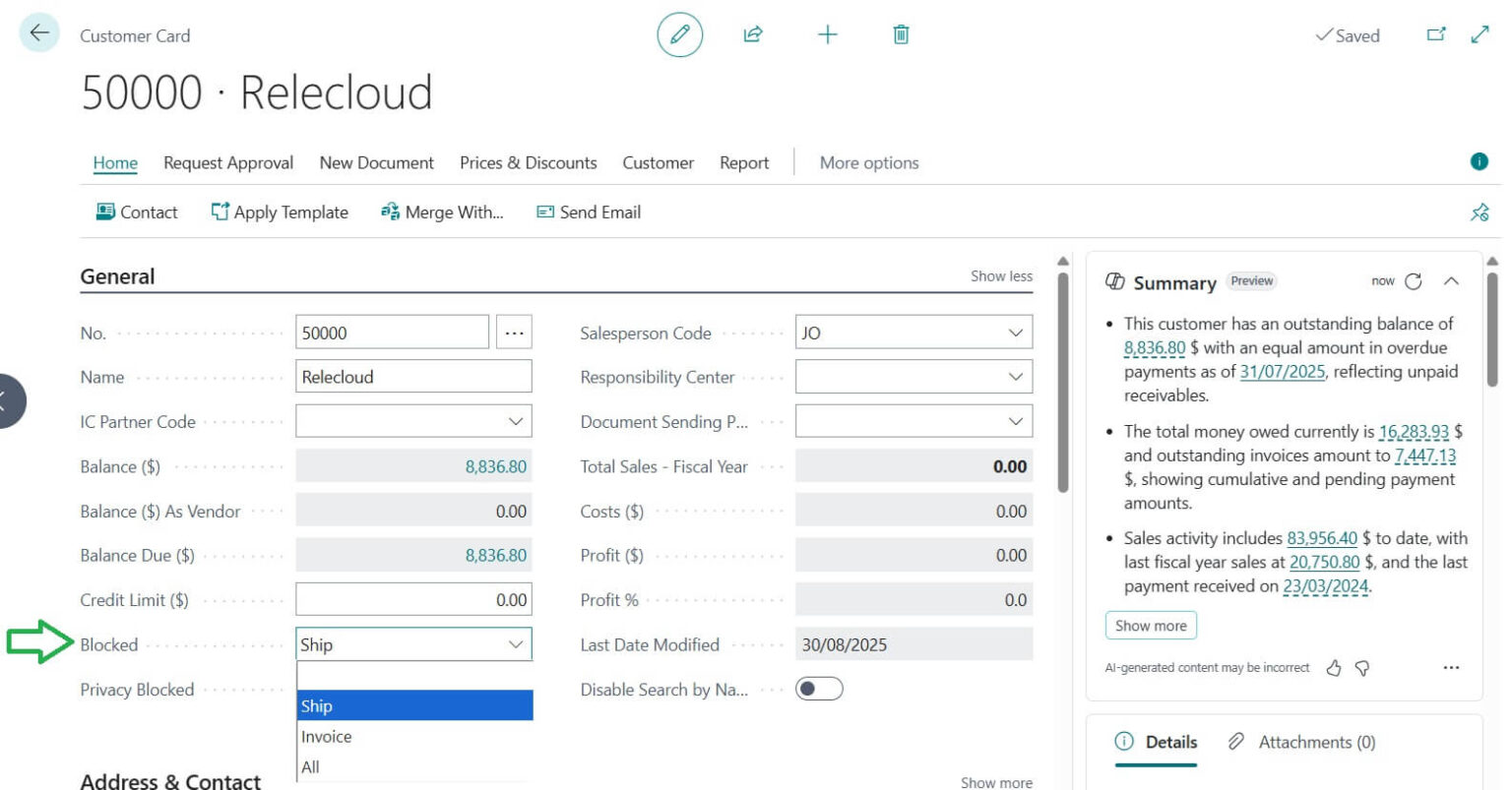 Credit Limit and Customer Blocking in Business Central