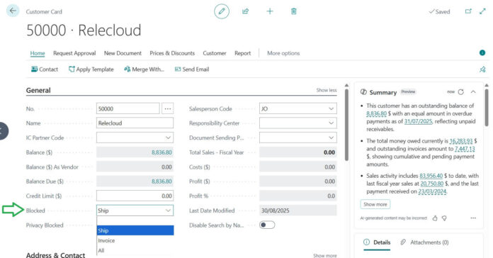 Credit Limit and Customer Blocking in Business Central