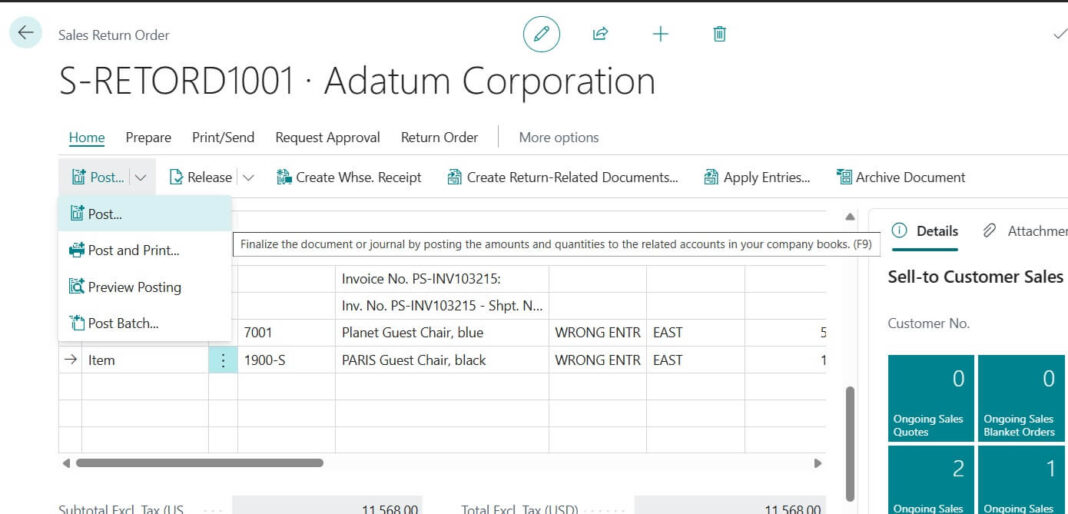How to Post a Sales Return Order in Business Central