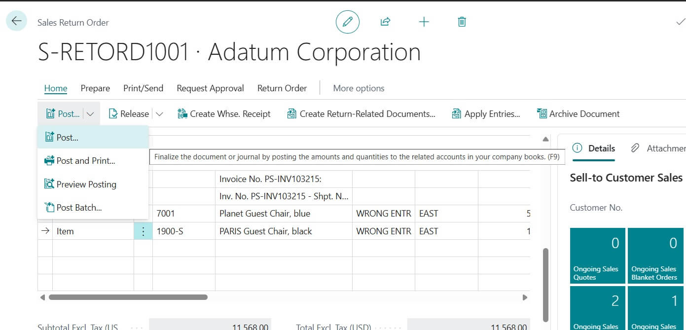 How to Post a Sales Return Order in Business Central